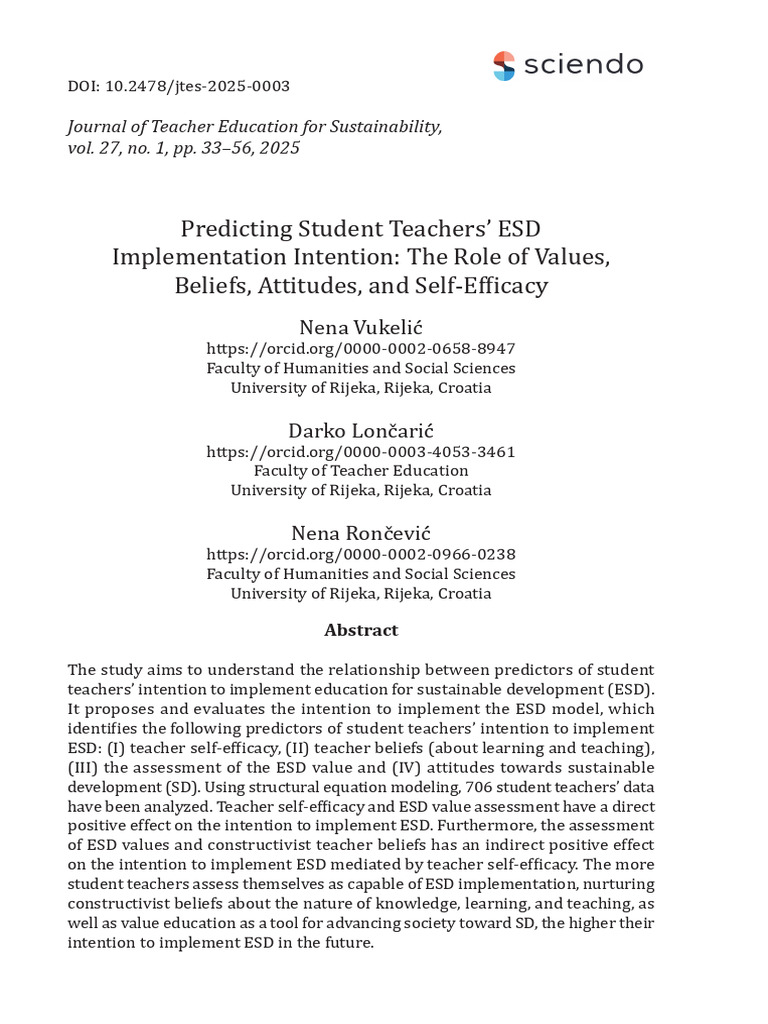 Student Teachers' ESD Implementation Intentions | PDF | Self Efficacy ...