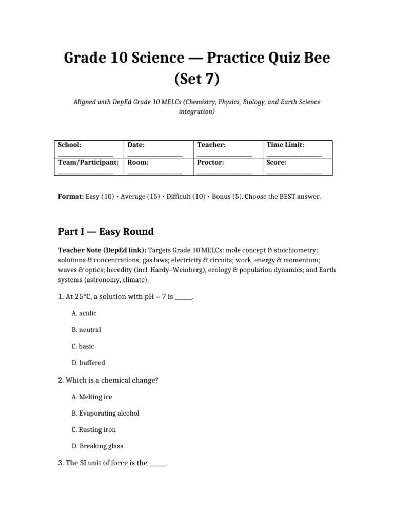 Grade 10 Science Quiz: MELCs Aligned | PDF | Mole (Unit) | Gases