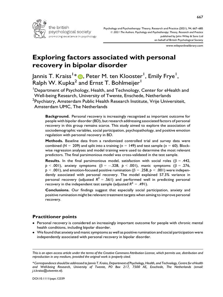 Exploring Factors Associated With Personal Recovery in Bipolar Disorder ...