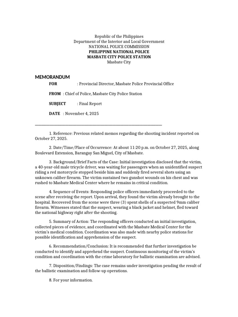 Final Report Shooting Incident Masbate | PDF | Police | Law Enforcement