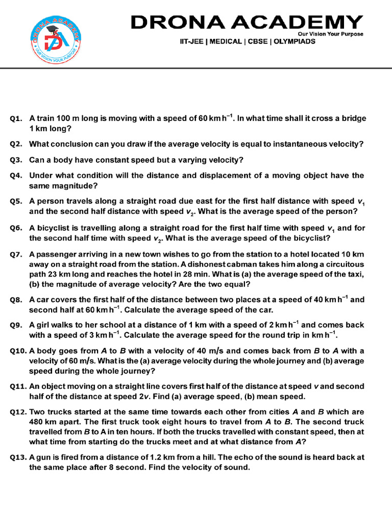 Motion in A Straight Line (Practice Sheet-1) | PDF
