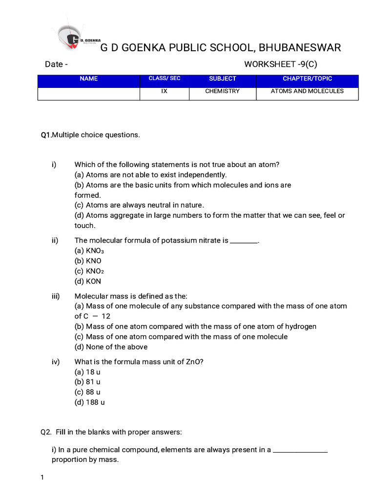 Chemistry Worksheet on Atoms & Molecules | PDF | Molecules | Chemical ...