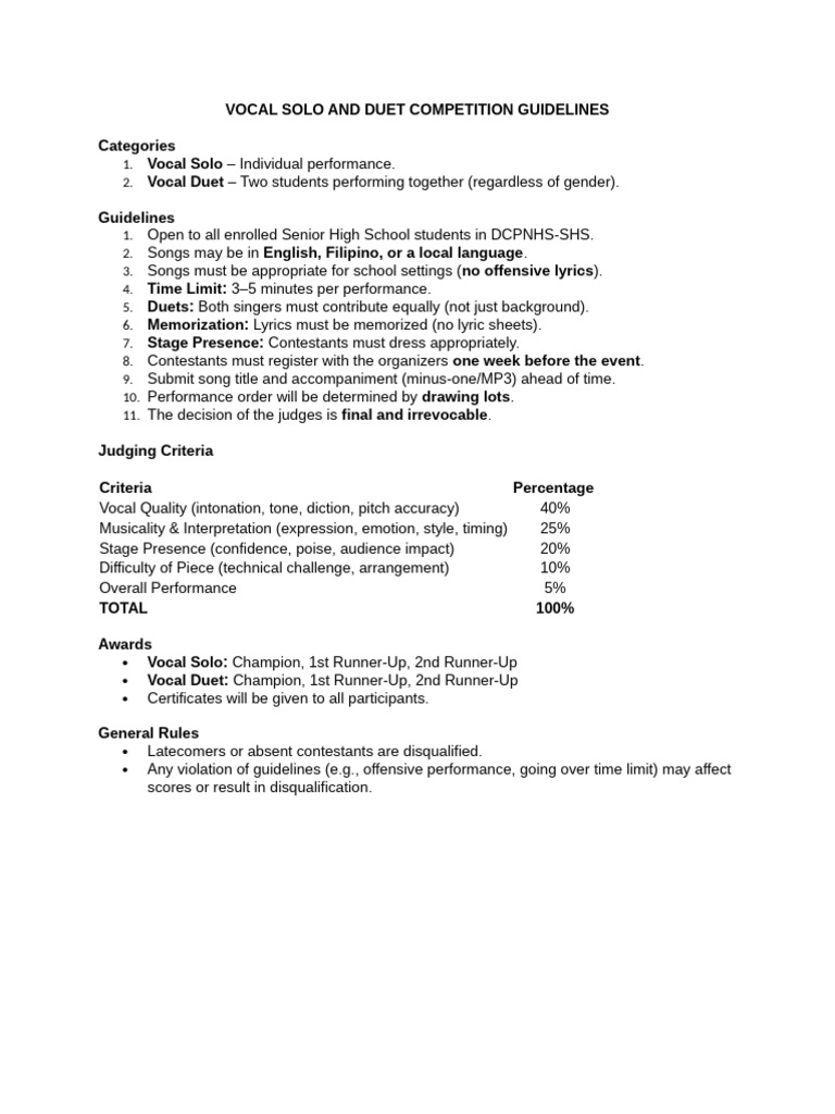 Vocal Solo and Duet Competition Guidelines | PDF