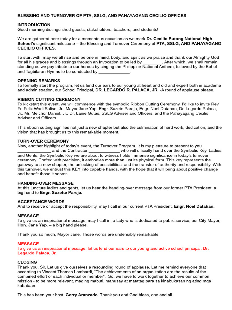 Blessing and Turnover of Pta Office | PDF