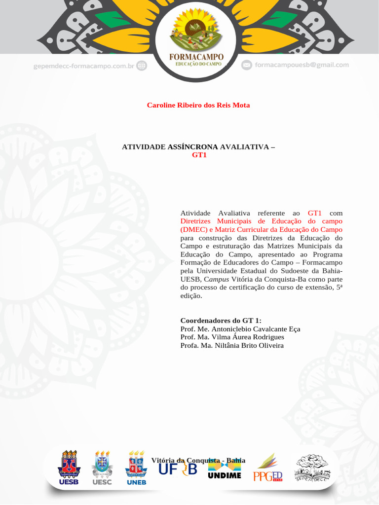 Modelo - Atividade Avaliativa - GT1 | PDF | Pedagogia | Movimentos sociais