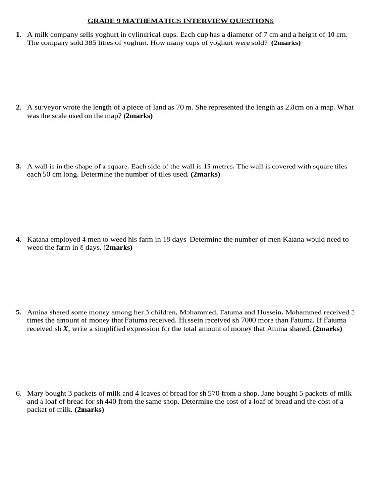 Grade 9 Mathematics Interview Questions | PDF