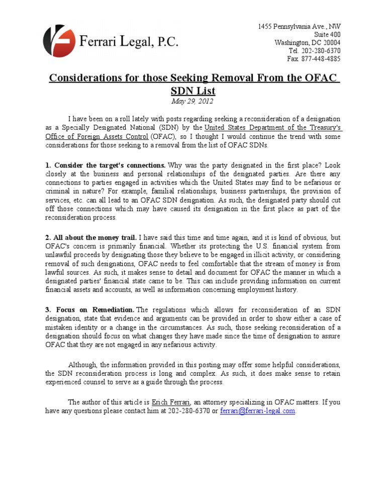 Considerations For Those Seeking Removal From The OFAC SDN List | PDF ...