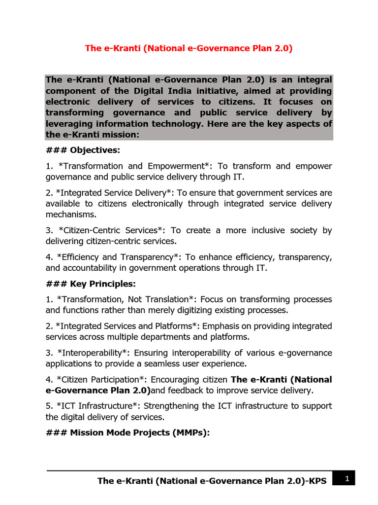 The E-Kranti (National E-Governance Plan 2.0) - KPS - 20240627 - 073755 ...