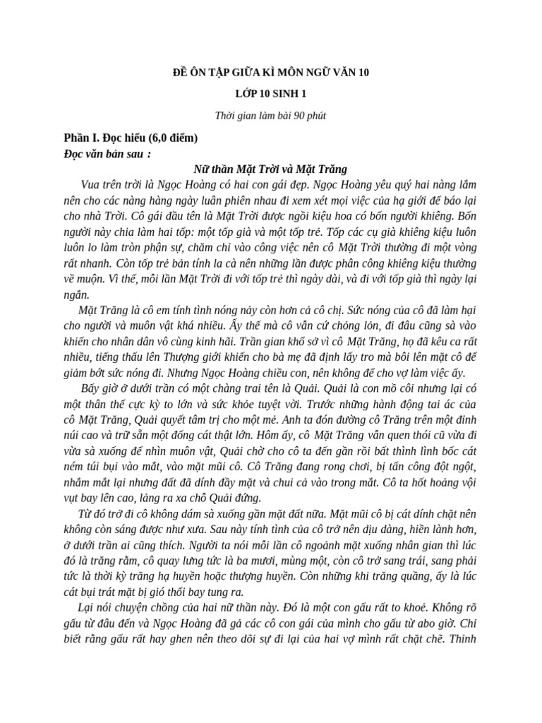 ĐỀ ÔN TẬP GIỮA KÌ MÔN NGỮ VĂN 10 SINH 1 | PDF