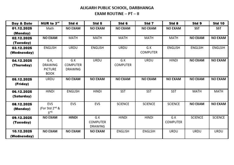 Aligarh Public School Exam Schedule | PDF