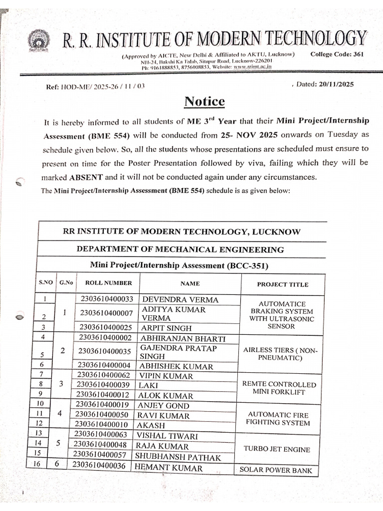 Notice For Mini Project Presentation On 25-11-25 | PDF