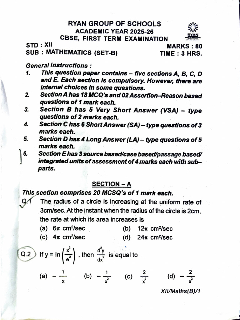 Ryan International Noida Class12 Maths Half Yearly | PDF