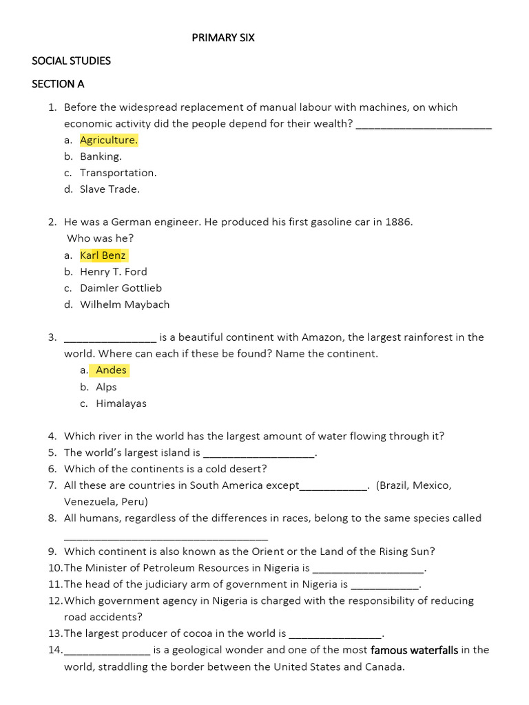 Primary Six Social Studies Quiz | PDF | Renaissance | Car