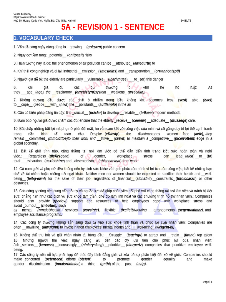 5A - Revision 1 - Sentence: 1. Vocabulary Check | PDF