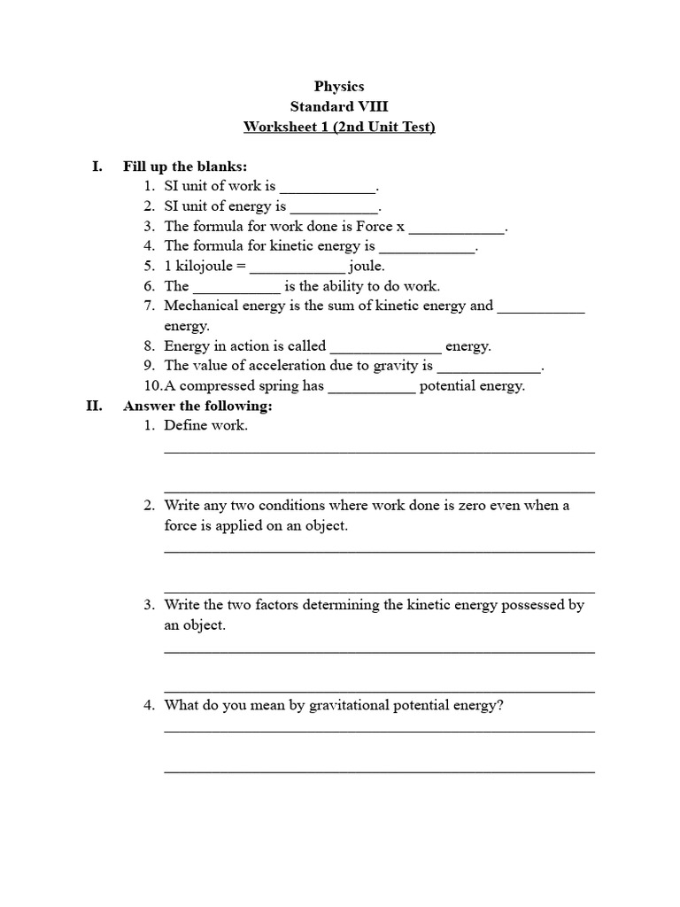 Physics Worksheet: Work and Energy Concepts | PDF