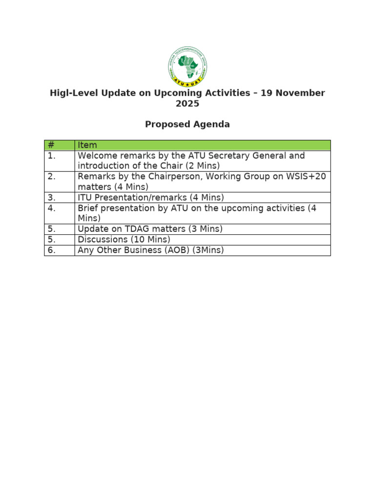 Proposed Agenda For High-Level Update On Upcoming Activities - 19 Nov ...