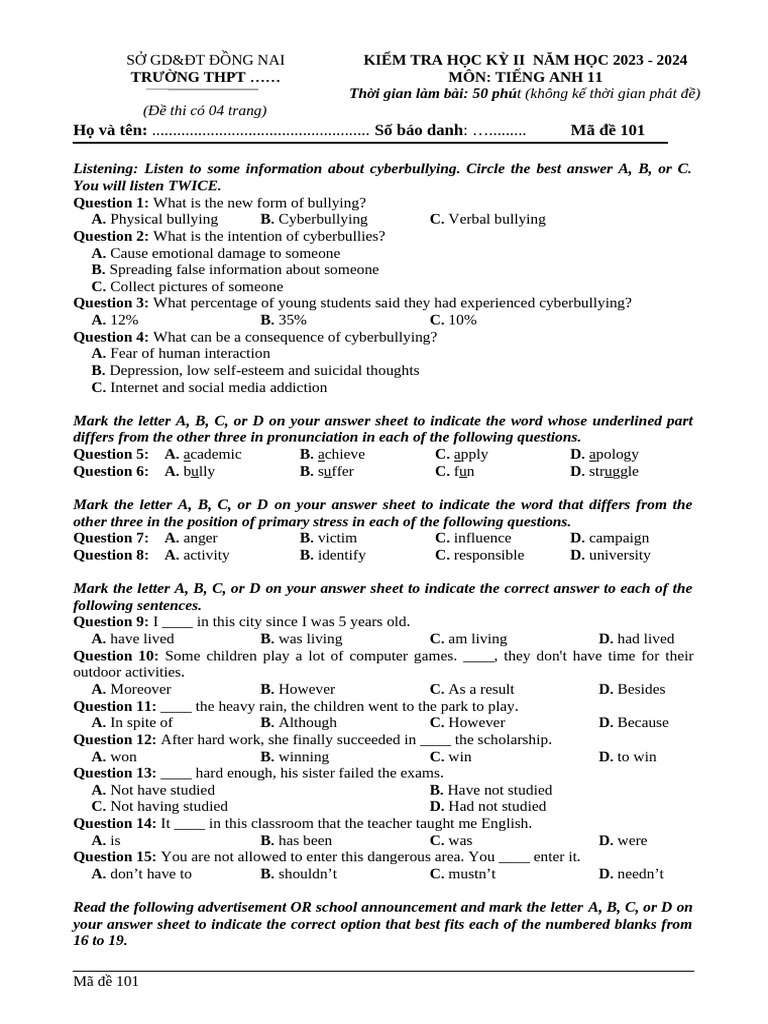 Ma_de_101 - 11C1-11A6-11B 2024-2025 (1) | PDF | Bullying | Cyberbullying