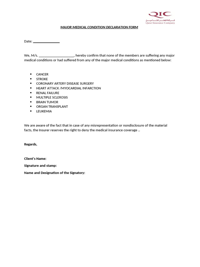 Major Medical Condition Declaration Form_updated 15082023 (1) | PDF