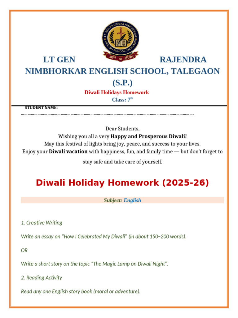 DIWALI HOMEWORK 7th | PDF