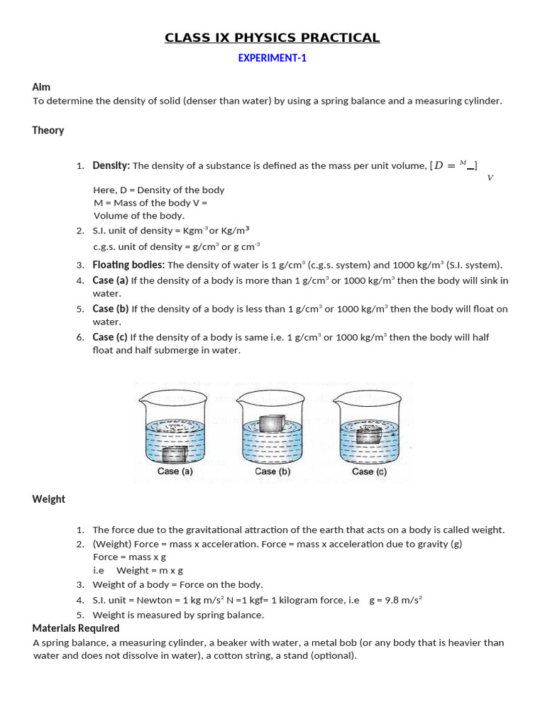 Class Ix Physics Practical | PDF | Buoyancy | Density