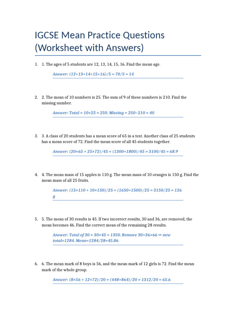 IGCSE Mean Practice Set2 | PDF