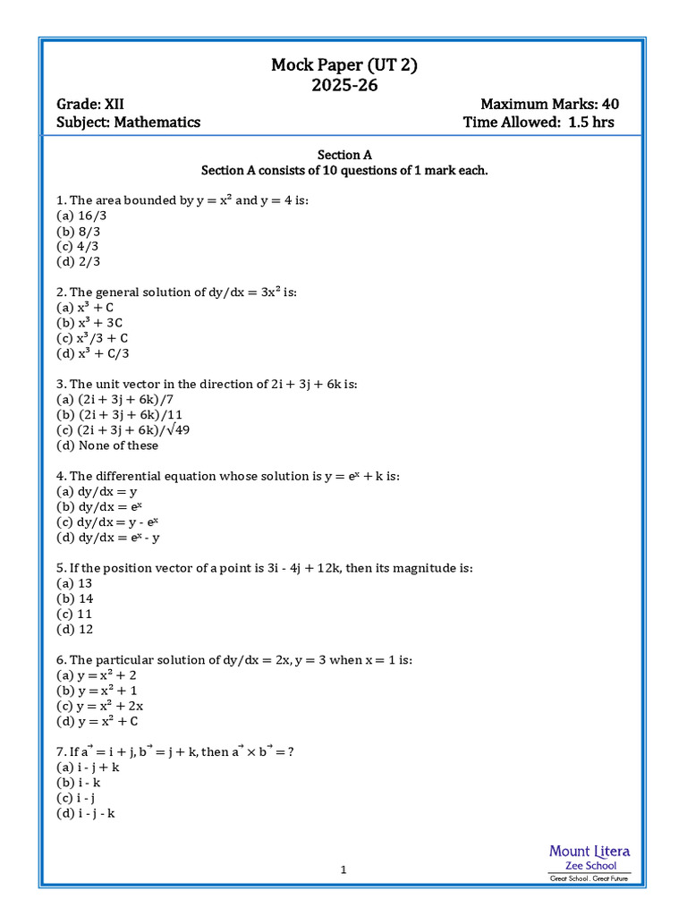 Mock Paper UT2 GRXII Mathematics | PDF | Area | Equations