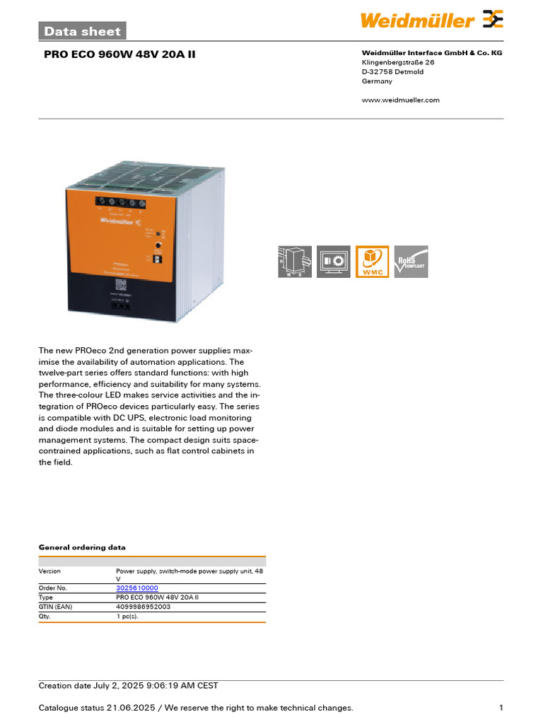 3025610000_PRO_ECO_960W_48V_20A_II_en-3676687 | PDF | Power Supply | Manufactured Goods