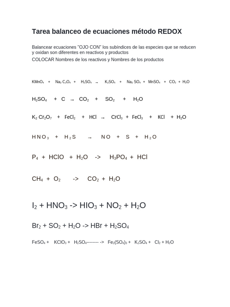 Tarea Balanceo de Ecuaciones Método REDOX | PDF