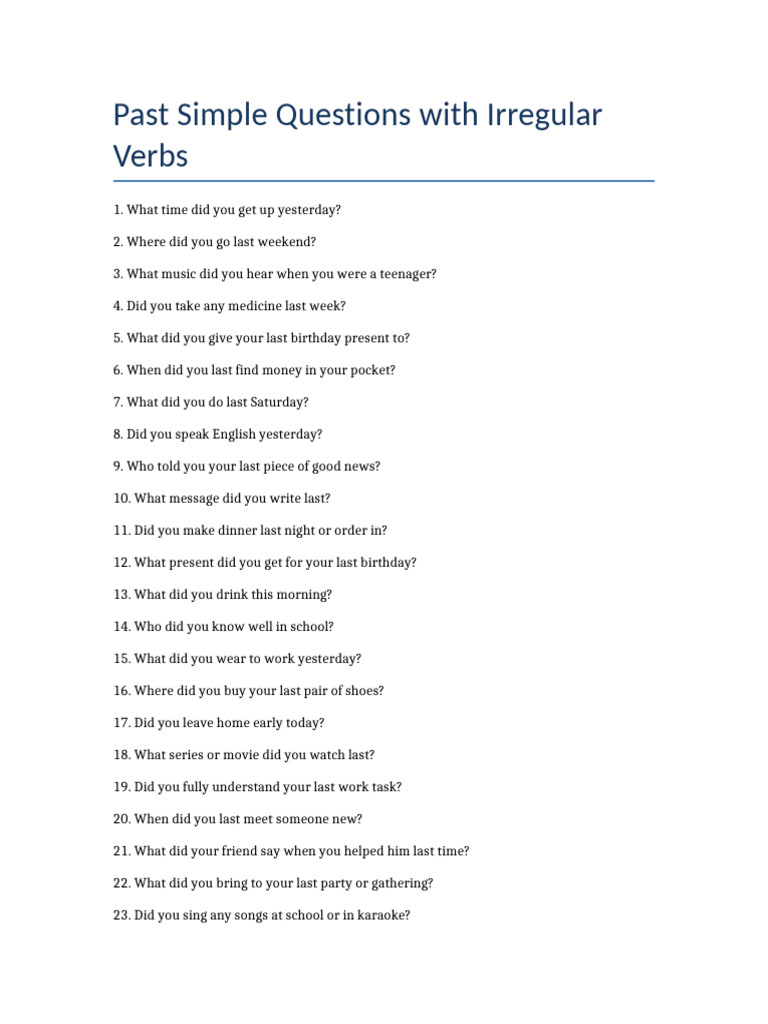 Past Simple Questions Irregular Verbs | PDF