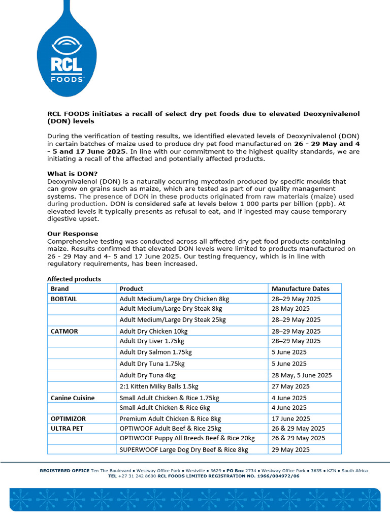 RCL Foods Pet Food Recall November 2025 | PDF | Foods
