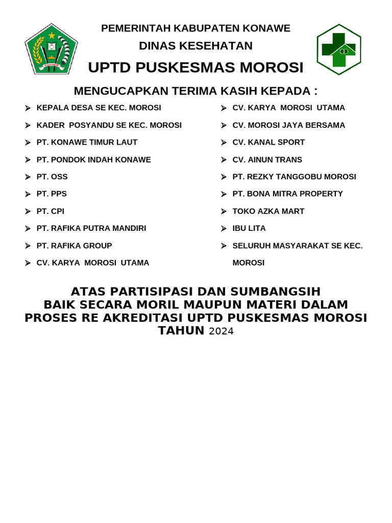 Terima Kasih untuk Dukungan Akreditasi Puskesmas Morosi | PDF