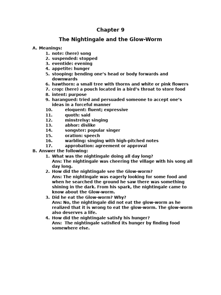 Gr8_Englsh_Ch9_The Nightingale and the Glow-worm | PDF