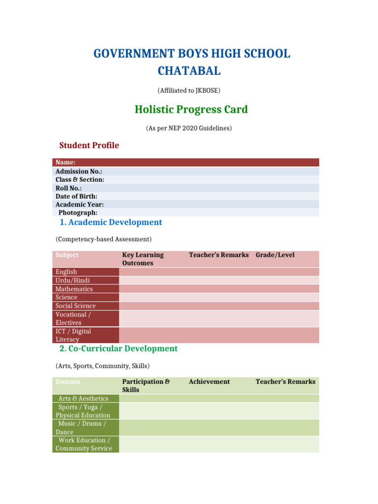 Holistic Progress Card Colorful | PDF