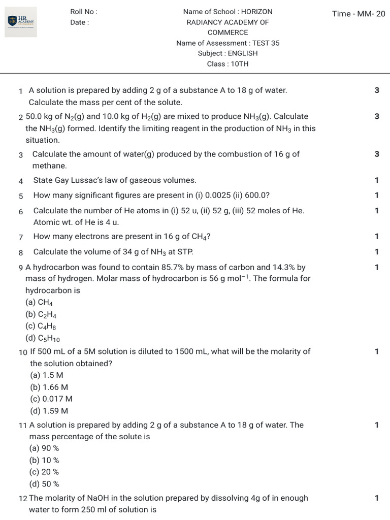 Mole Concept Test 1 | PDF | Mole (Unit) | Gases