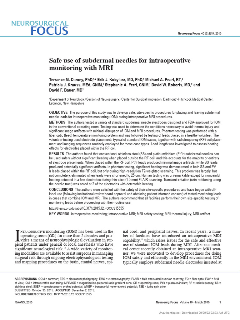 [10920684 - Neurosurgical Focus] Safe use of subdermal needles for ...