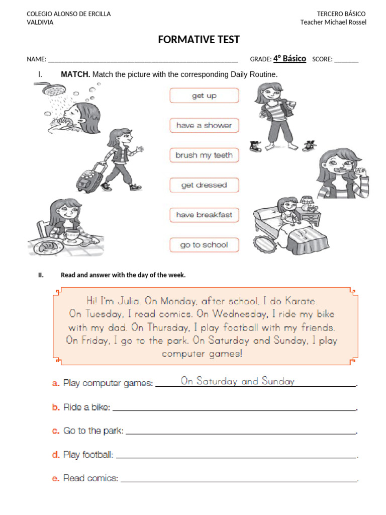 4b - Formative Test - Daily Activities - Days - Weather | PDF
