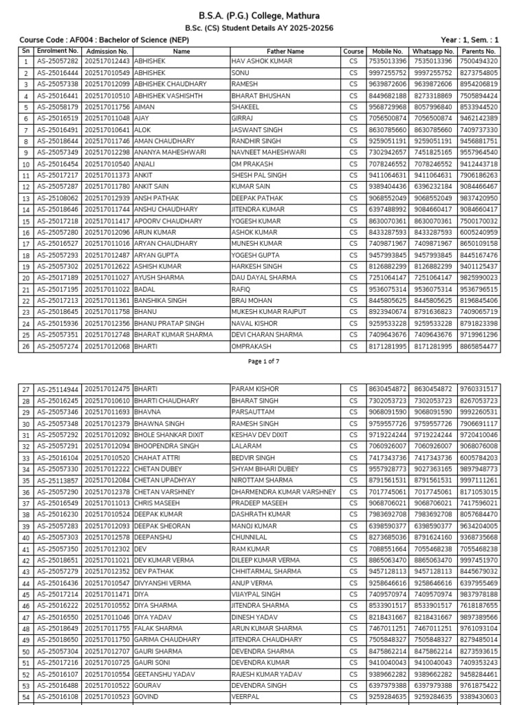 B.Sc. (CS) Student Enrollment List | PDF