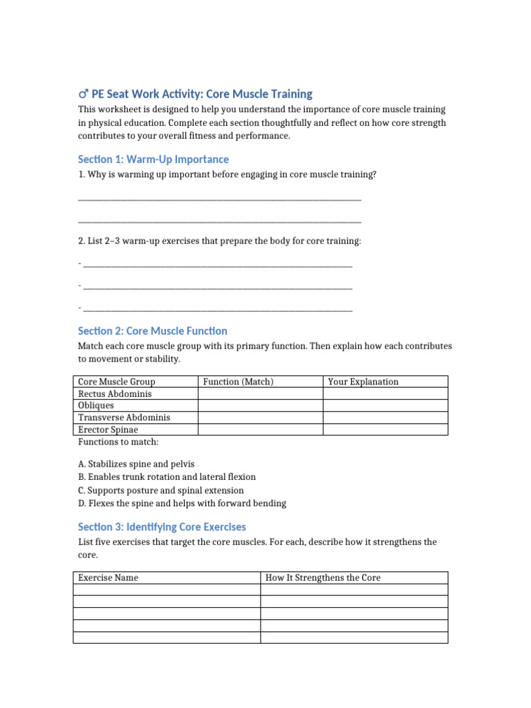 Swimming Core Training Worksheet | PDF
