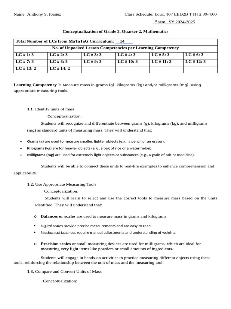 Grade 3 Math Curriculum Overview | PDF | Weight | Kilogram