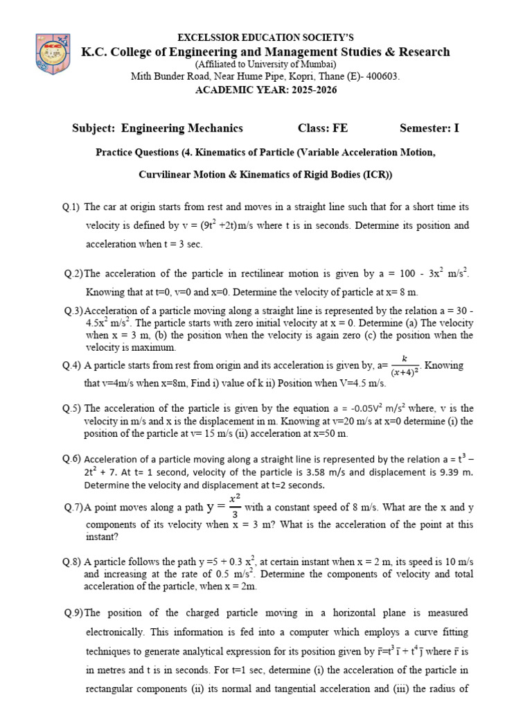 Engineering Mechanics Practice Questions | PDF | Acceleration | Velocity