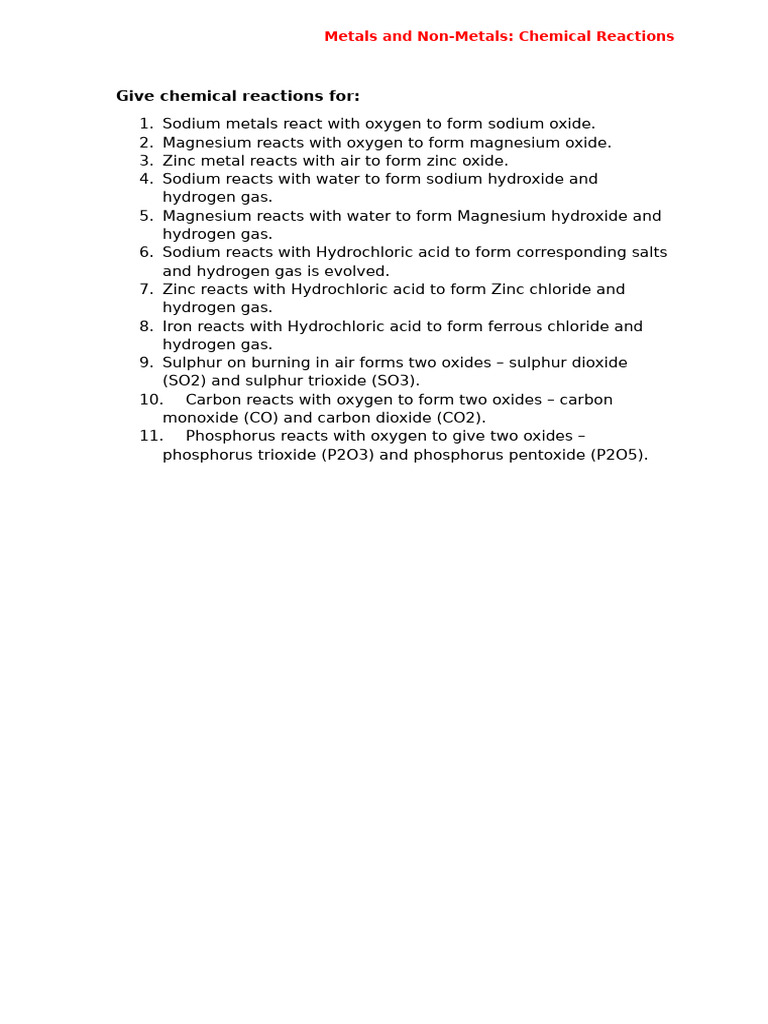 Chemical Reactions of Metals and Non-Metals | PDF