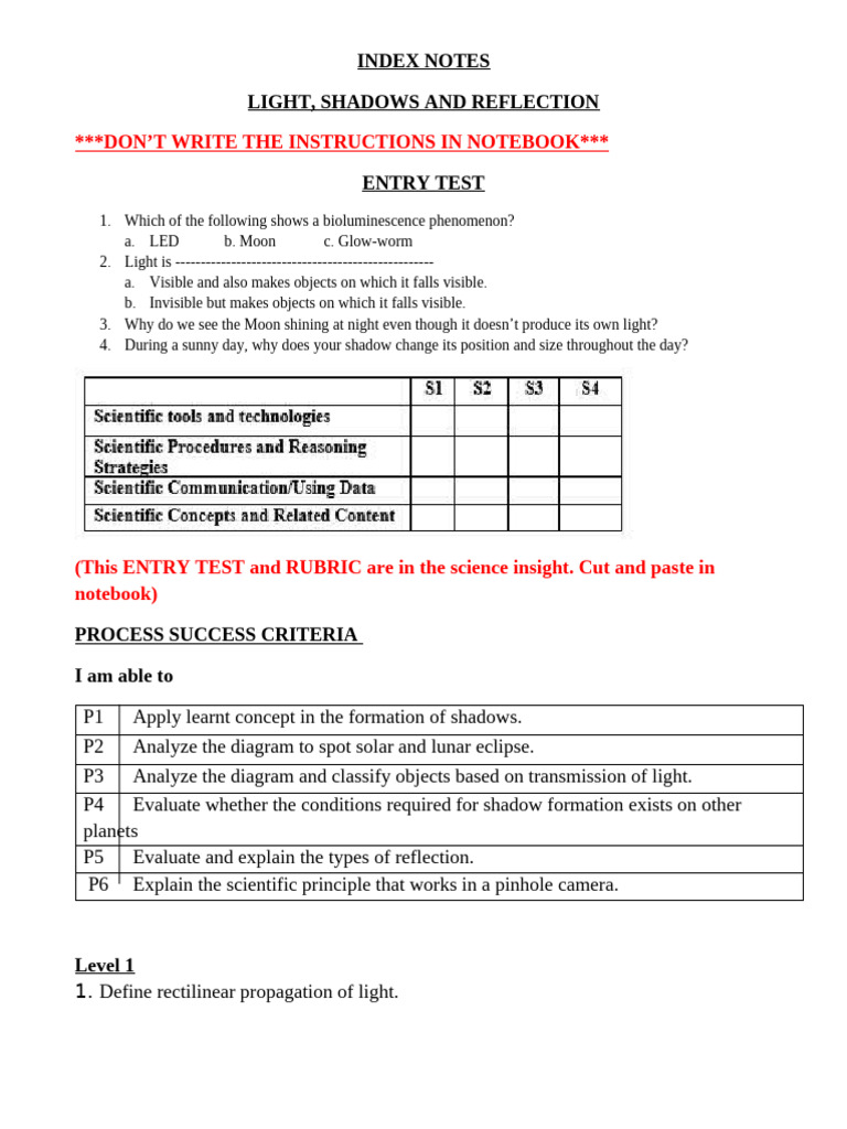 Index Notebook Work of Chapter LIGHT SHADOW and REFLECTION 2 | PDF ...