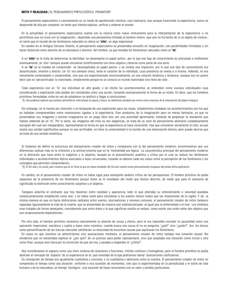 2) Mito Y Realidad - El Pensamiento Prefilosófico, Frankfort | PDF ...