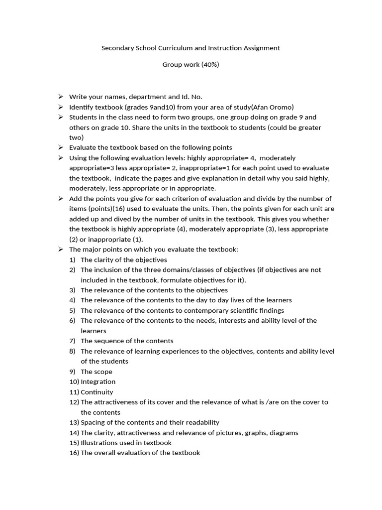 Secondary School Curriculum and Instruction Assignment | PDF