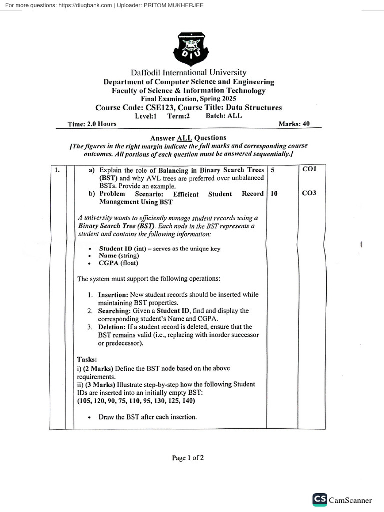 Data Structures (CSE), Spring 25, Final Watermarked | PDF