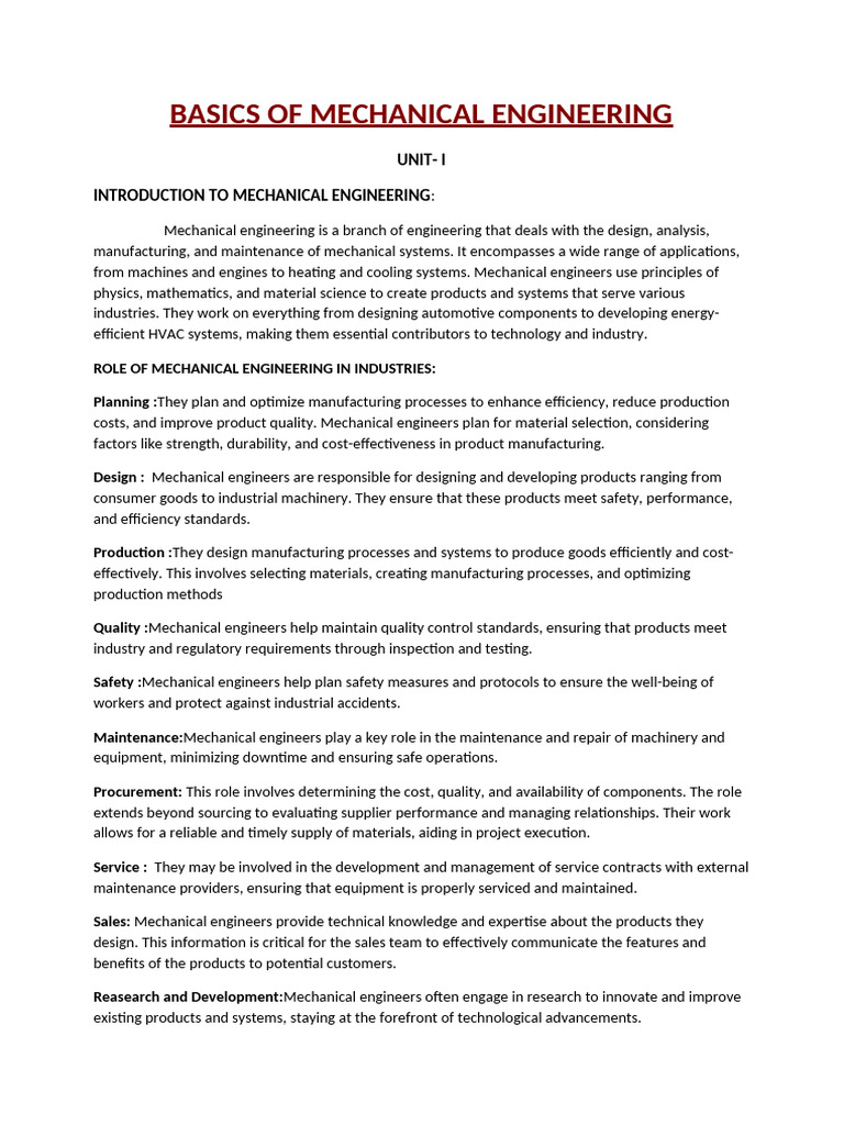 Basics of Mechanical Engineering Lecture Notes-1 | PDF | Internal ...