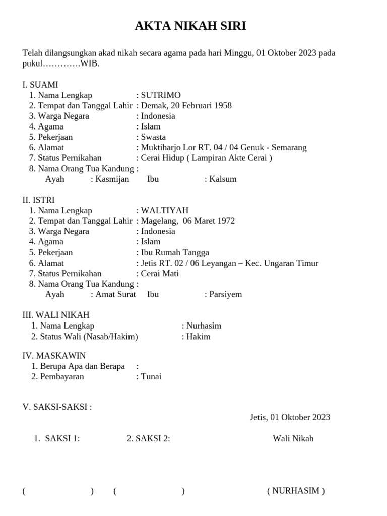 Akta Nikah Siri Sutrimo dan Waltiyah | PDF