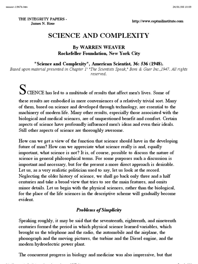 Science and the Emergence of Problems of Organized Complexity | PDF | Complexity | Science
