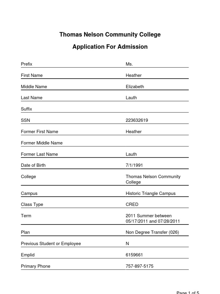 Thomas Nelson Community College Application For Admission | PDF ...