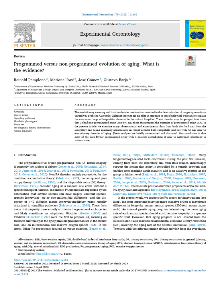 2023 Programmed versus non-programmed evolution of aging | PDF | Senescence | Mitochondrion